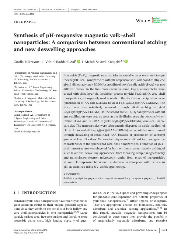 (PDF) Synthesis of pH‐responsive magnetic yolk–shell nanoparticles: A comparison between ...
