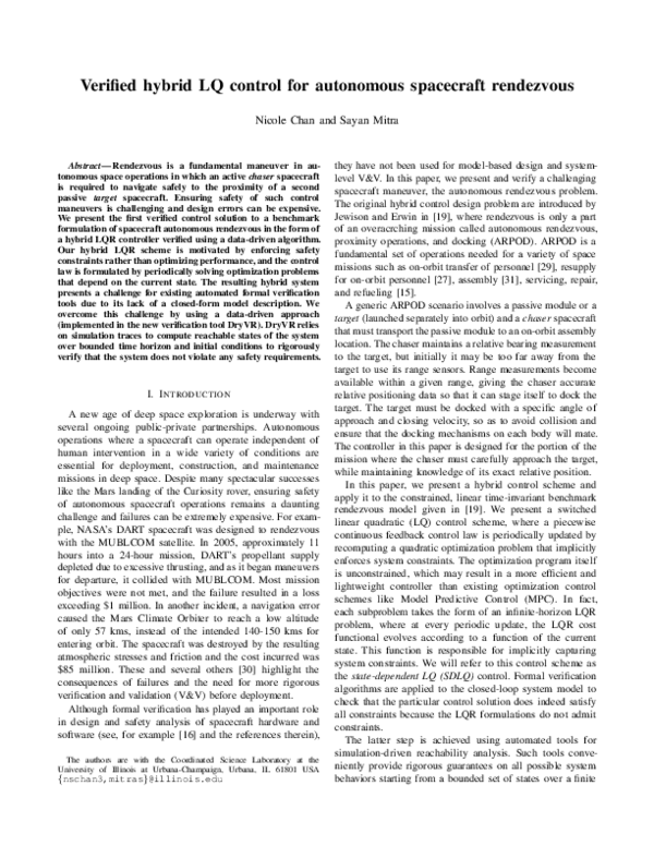 Pdf Verified Hybrid Lq Control For Autonomous Spacecraft Rendezvous