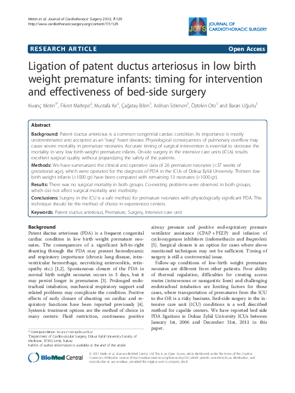 (PDF) Ligation of patent ductus arteriosus in low birth weight ...