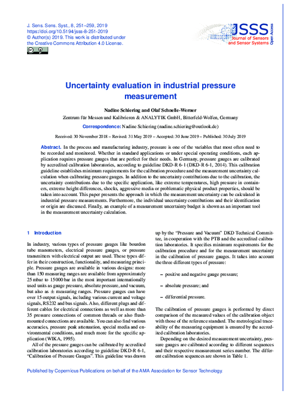 (PDF) Uncertainty evaluation in industrial pressure measurement