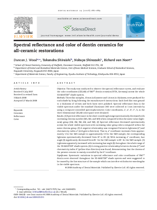 (PDF) Spectral reflectance and color of dentin ceramics for all-ceramic ...