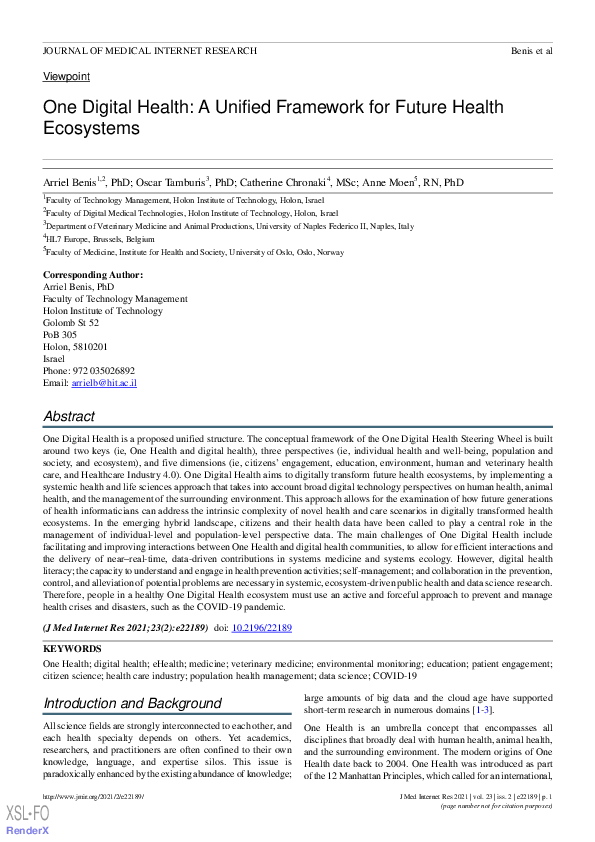 (PDF) One Digital Health: A Unified Framework for Future Health Ecosystems