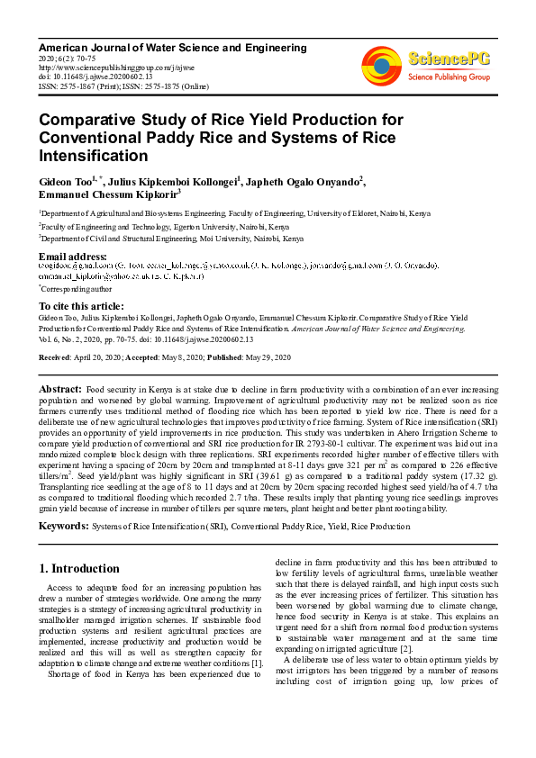 (PDF) Comparative Study of Rice Yield Production for Conventional Paddy Rice and Systems of Rice ...