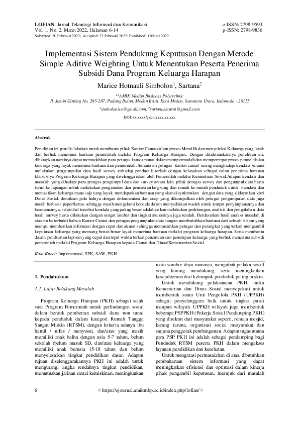 (PDF) Implementasi Sistem Pendukung Keputusan Dengan Metode Simple Aditive Weighting Untuk ...