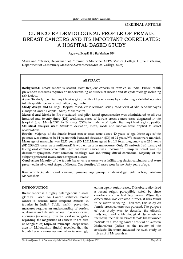 (PDF) CLINICO-EPIDEMIOLOGICAL PROFILE OF FEMALE BREAST CANCERS AND ITS ...