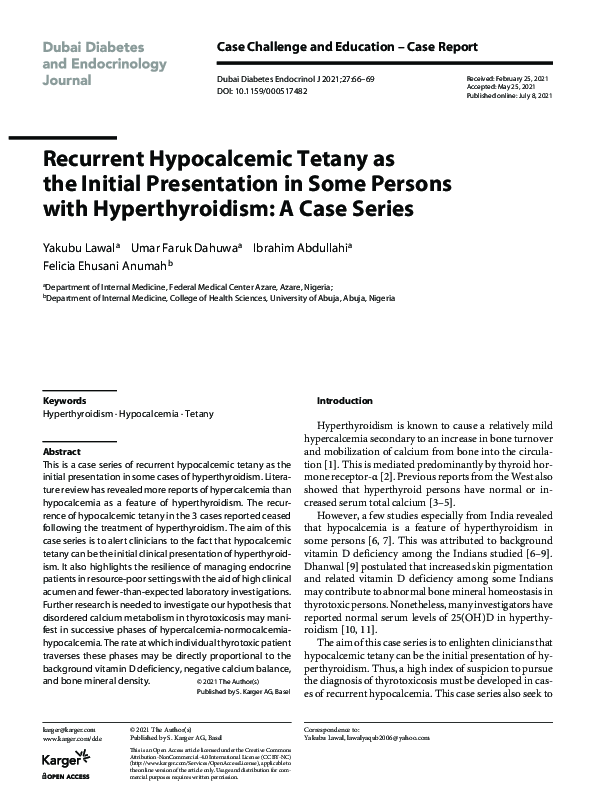 (PDF) Recurrent Hypocalcemic Tetany as the Initial Presentation in Some ...