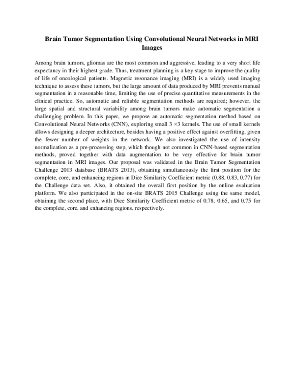 (PDF) Brain Tumor Segmentation using Convolutional Neural Networks in MRI Images