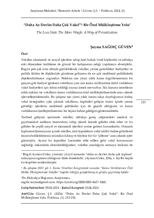 (PDF) "Daha Az Devlet Daha Çok Vakıf": Bir Özel Mülkleştirme Yolu