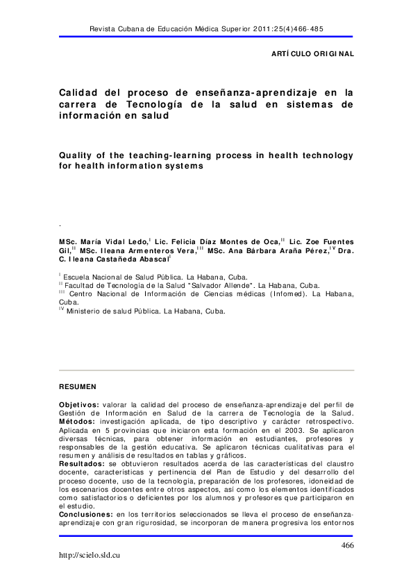 (PDF) Calidad del proceso de enseñanza-aprendizaje en la carrera de Tecnología de la salud en ...