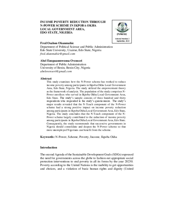(PDF) INCOME POVERTY REDUCTION THROUGH N-POWER SCHEME IN IKPOBA OKHA ...