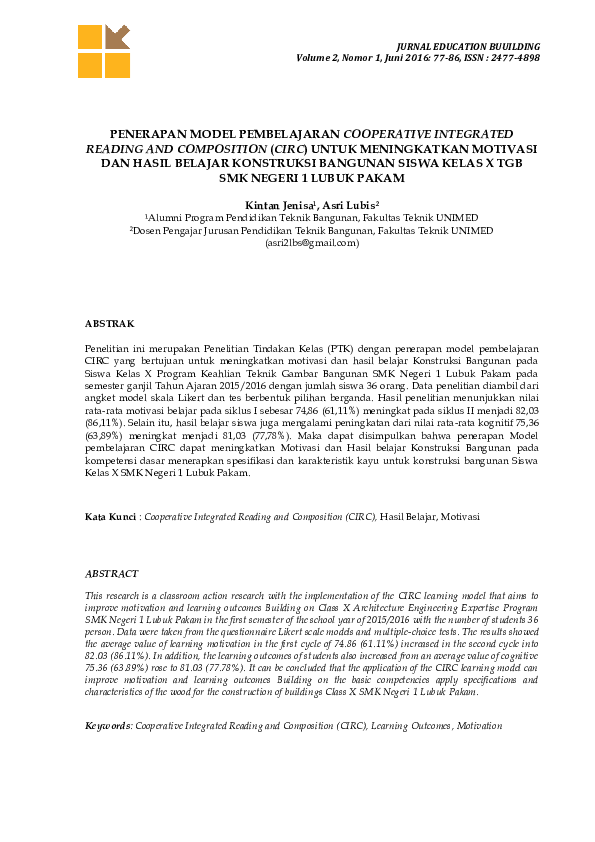 (PDF) Penerapan Model Pembelajaran Cooperative Integrated Reading and Composition (Circ) Untuk ...