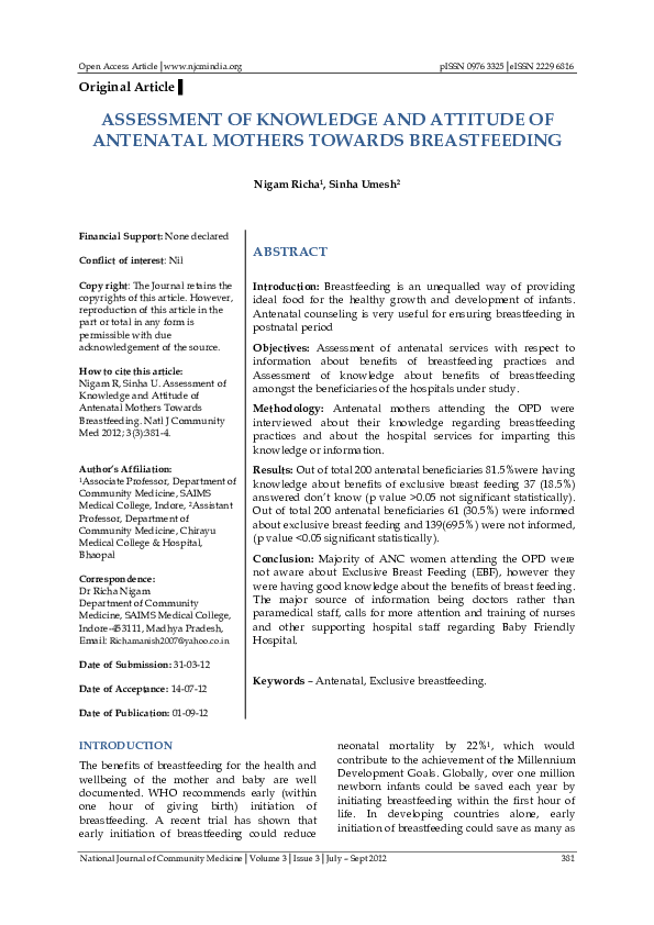 (PDF) ASSESSMENT OF KNOWLEDGE AND ATTITUDE OF ANTENATAL MOTHERS TOWARDS BREASTFEEDING