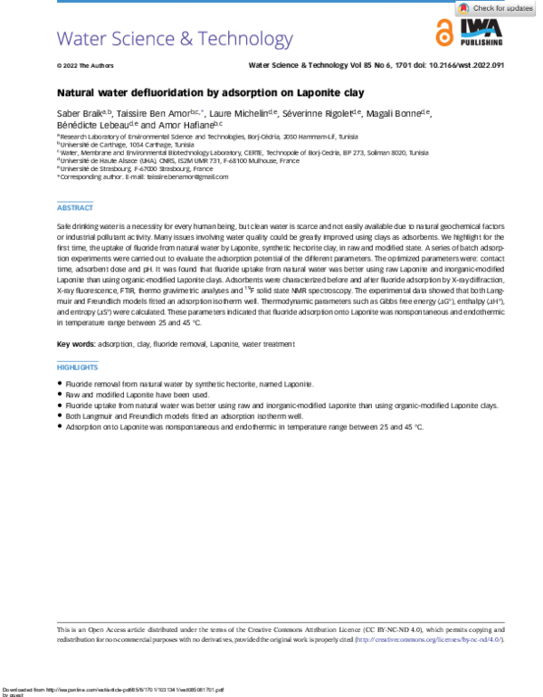 (PDF) Natural water defluoridation by adsorption on Laponite clay
