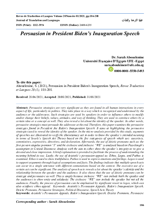 (PDF) Persuasion in President Biden’s Inauguration Speech | Sara ...