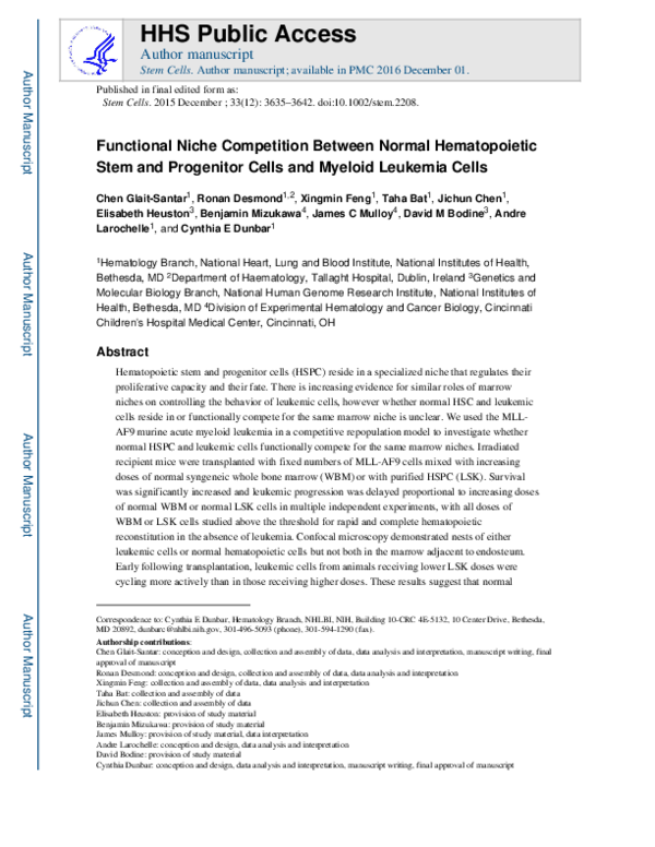 (PDF) Functional Niche Competition Between Normal Hematopoietic Stem and Progenitor Cells and ...