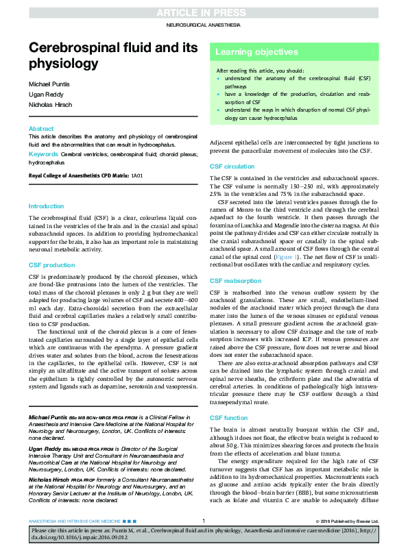 (PDF) Cerebrospinal fluid and its physiology