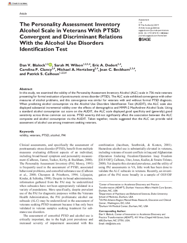 (PDF) The Personality Assessment Inventory Alcohol Scale in Veterans ...