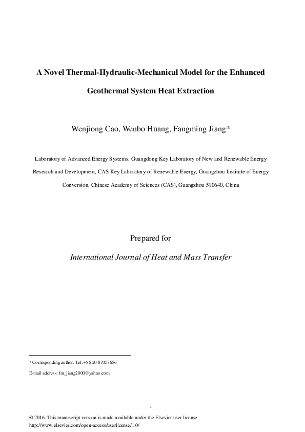 (PDF) A novel thermal–hydraulic–mechanical model for the enhanced geothermal system heat extraction