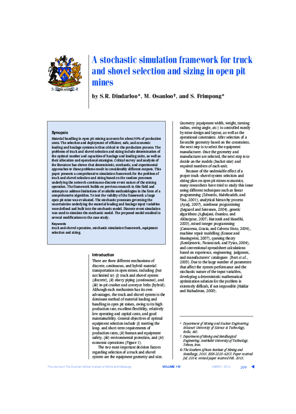 (PDF) A stochastic simulation framework for truck and shovel selection and sizing in open pit mines