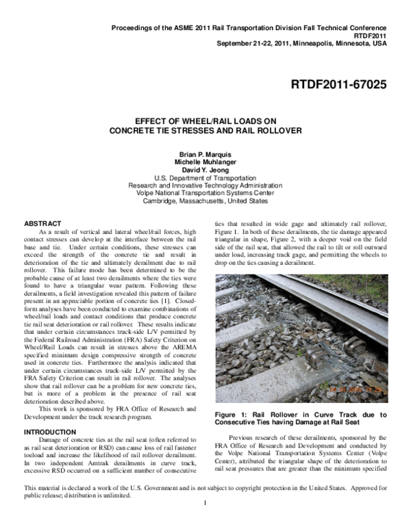 (PDF) Effect of Wheel/Rail Loads on Concrete Tie Stresses and Rail Rollover
