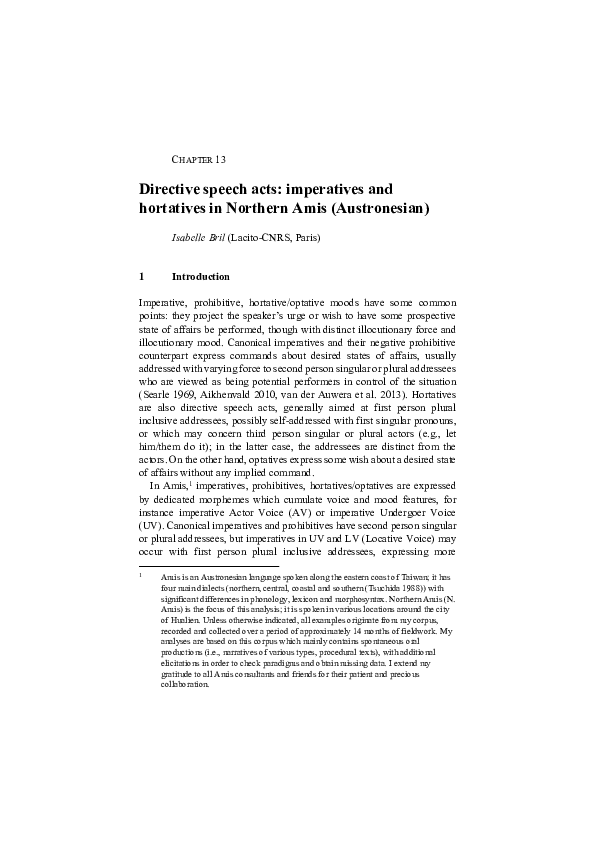 (PDF) Directive speech acts: imperatives and hortatives in Northern Amis (Austronesian