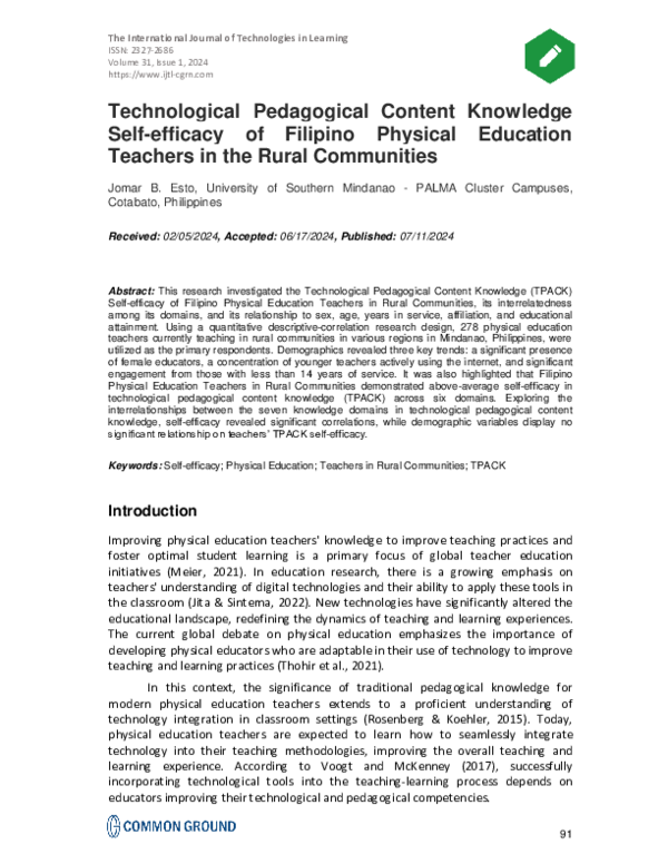 (PDF) Technological Pedagogical Content Knowledge Self-efficacy of ...