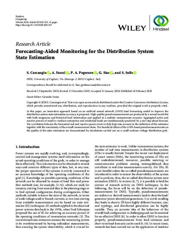 (PDF) Forecasting-Aided Monitoring for the Distribution System State Estimation