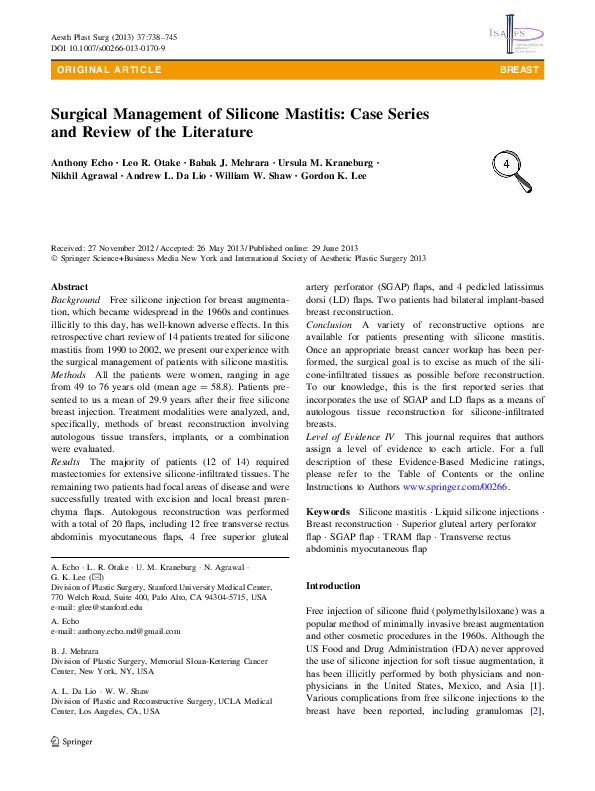 (PDF) Surgical Management of Silicone Mastitis: Case Series and Review of the Literature
