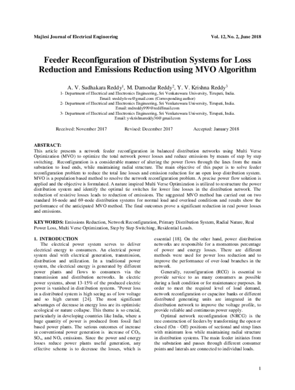 (PDF) Feeder Reconfiguration of Distribution Systems for Loss Reduction and Emissions Reduction ...