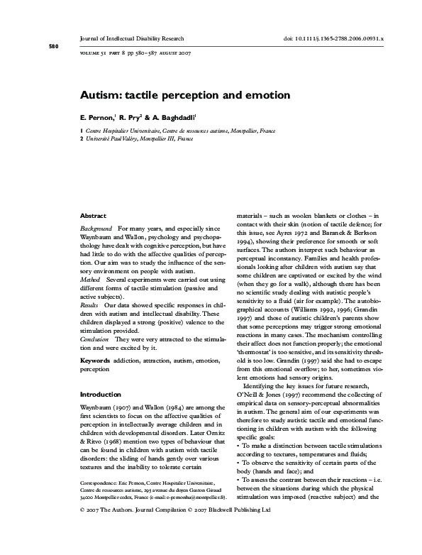 (PDF) Autism: tactile perception and emotion