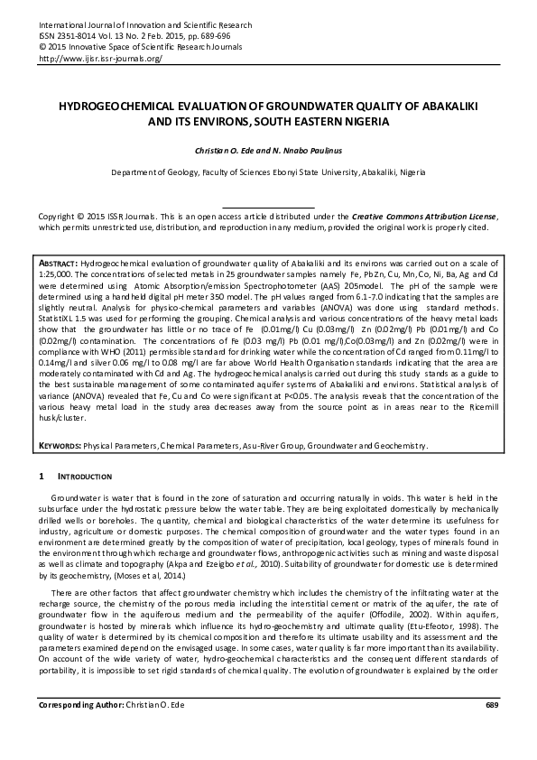 (PDF) Hydrogeochemical Evaluation of Groundwater Quality of Abakaliki and Its Environs, South ...