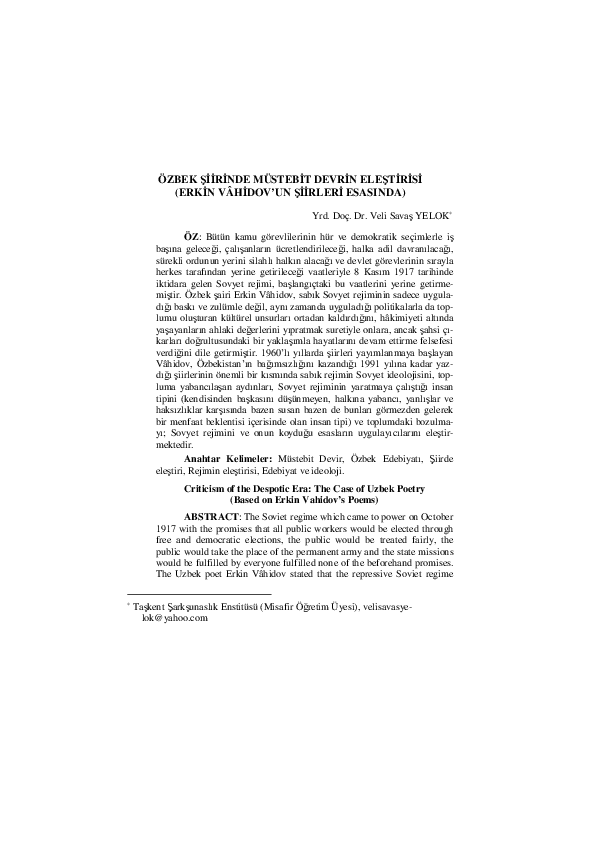(PDF) Özbek Şiirinde Müstebit Devrin Eleştirisi (Erkin Vahidov’un ...
