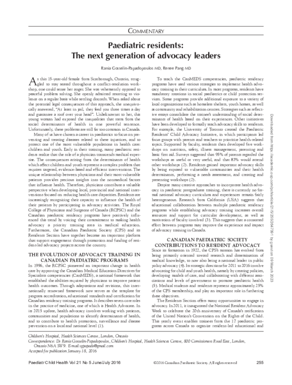 (PDF) Paediatric residents: The next generation of advocacy leaders