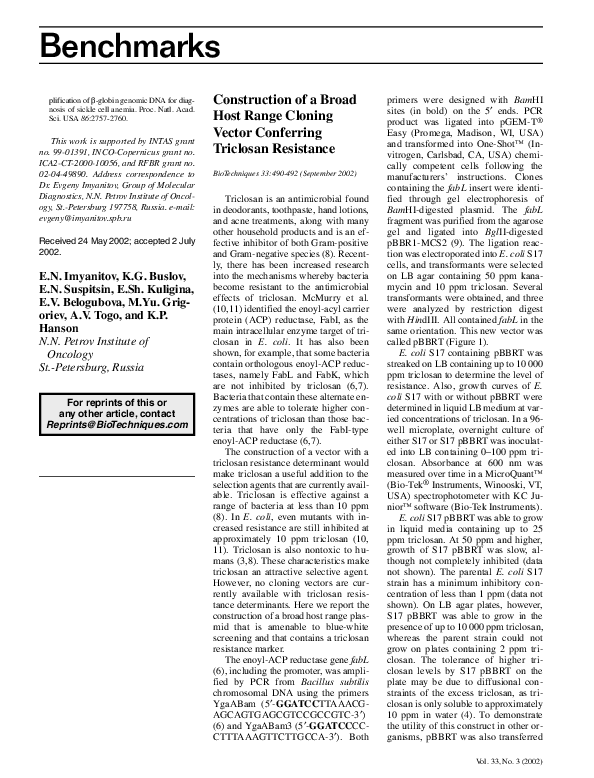(PDF) Construction of a Broad Host Range Cloning Vector Conferring ...