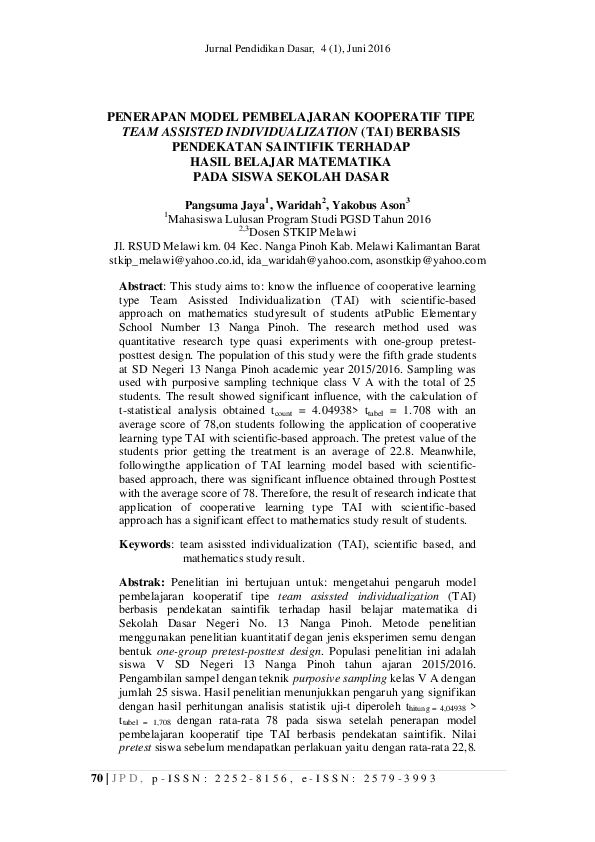 (PDF) Penerapan Model Pembelajaran Kooperatif Tipe Team Assisted Individualization (Tai ...