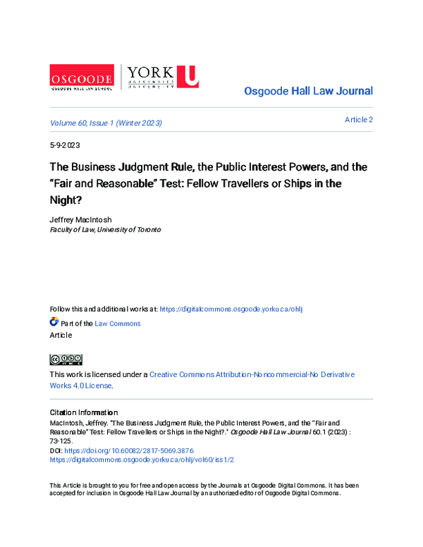 (PDF) The Business Judgment Rule, the Public Interest Powers, and the ...