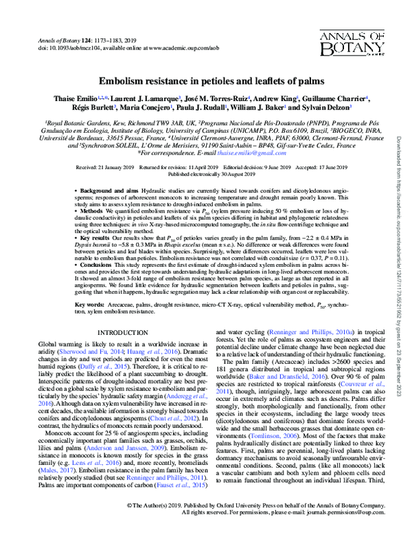 (PDF) Embolism resistance in petioles and leaflets of palms