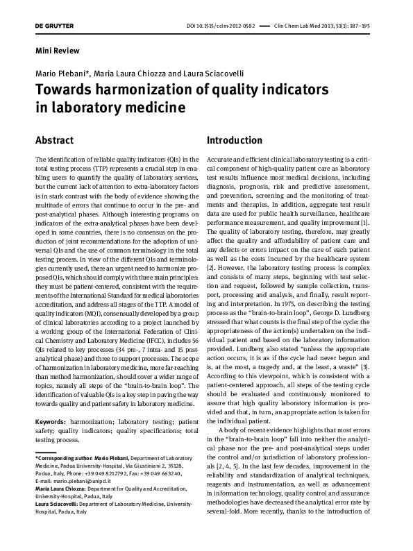 (PDF) Towards harmonization of quality indicators in laboratory medicine