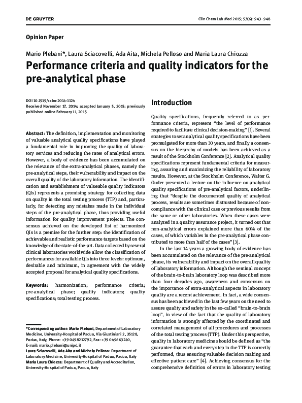 (PDF) Performance criteria and quality indicators for the pre-analytical phase