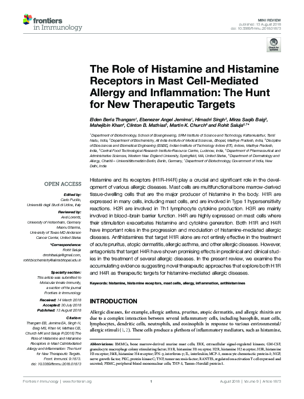 (PDF) The Role of Histamine and Histamine Receptors in Mast Cell-Mediated Allergy and ...