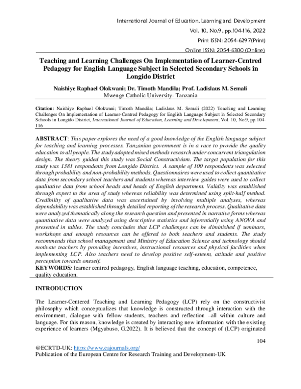 (PDF) Teaching and Learning Challenges On Implementation of Learner-Centred Pedagogy for English ...