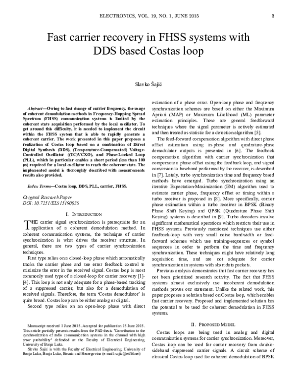 (PDF) Fast carrier recovery in FHSS systems with DDS based Costas loop