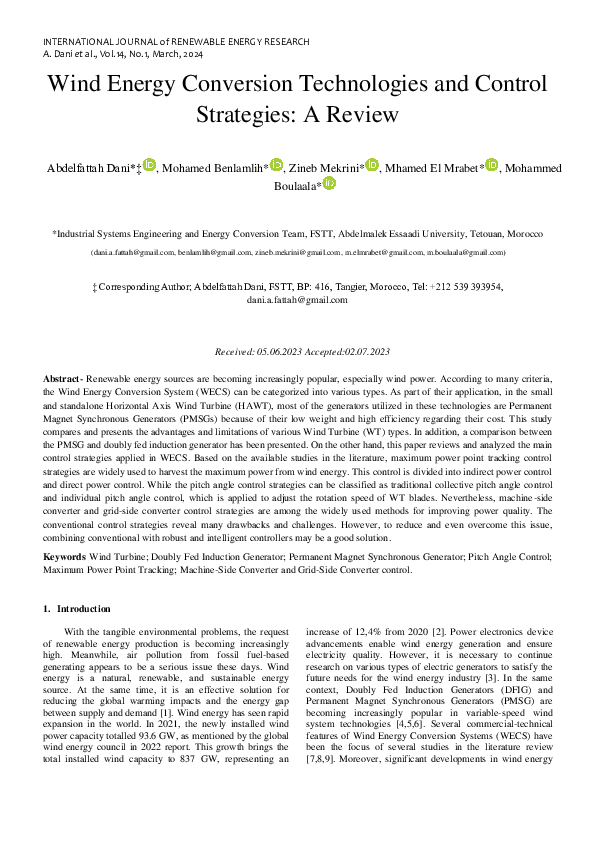 (PDF) Wind Energy Conversion Technologies and Control Strategies: A Review