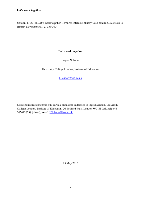 (PDF) Let’s Work Together: Towards Interdisciplinary Collaboration | Ingrid Schoon - Academia.edu