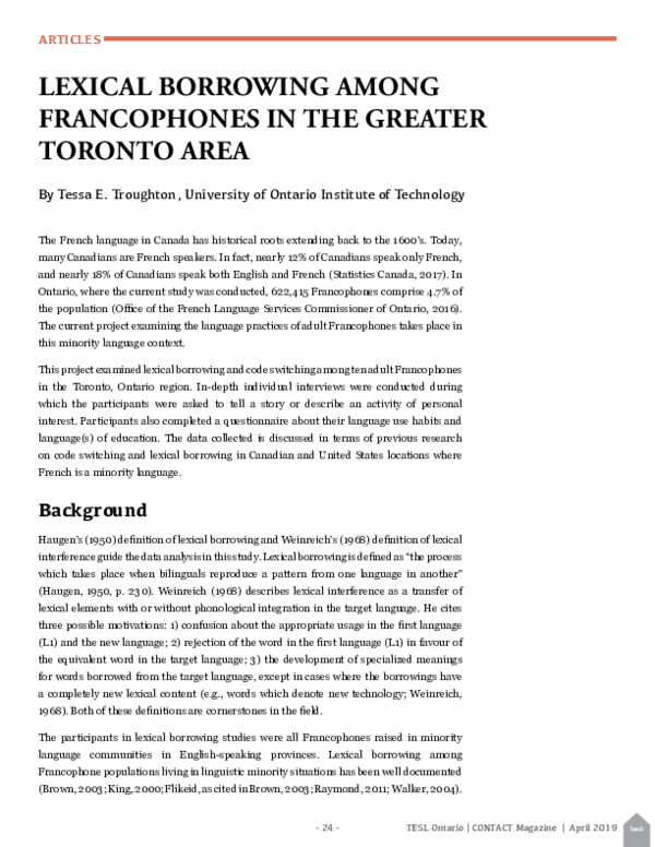 (PDF) Lexical Borrowing Among Francophones in the Greater Toronto Area ...