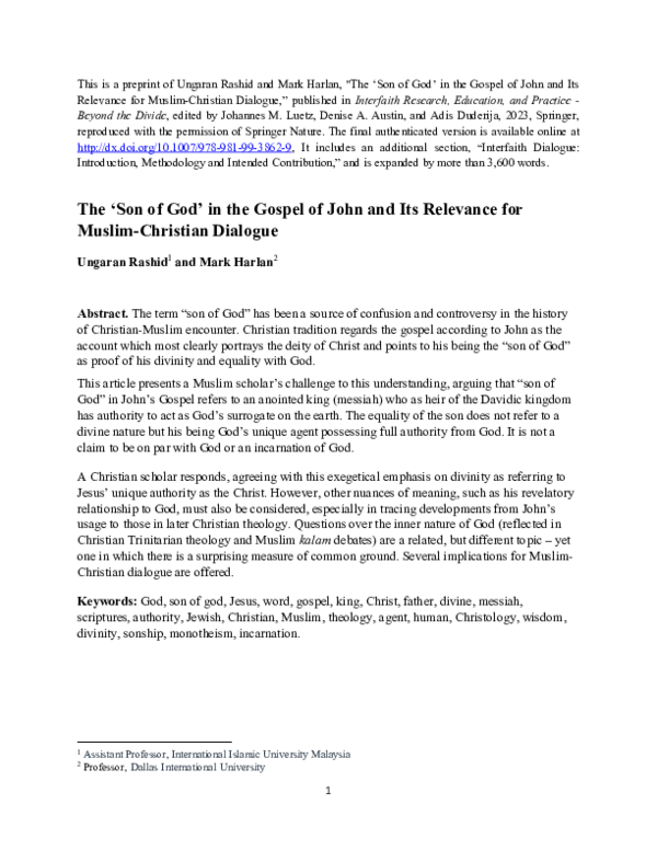 (PDF) The 'Son of God' in the Gospel of John and Its Relevance for ...