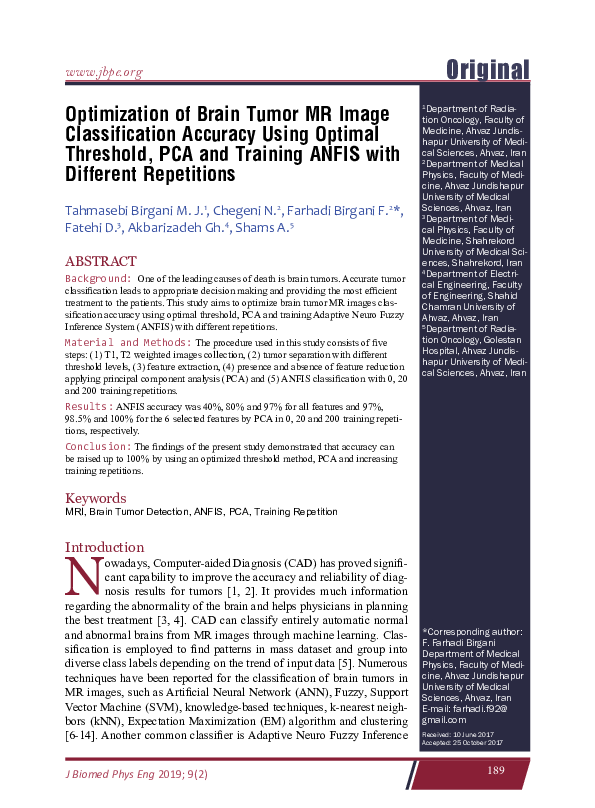 Pdf Optimization Of Brain Tumor Mr Image Classification Accuracy Using Optimal Threshold Pca