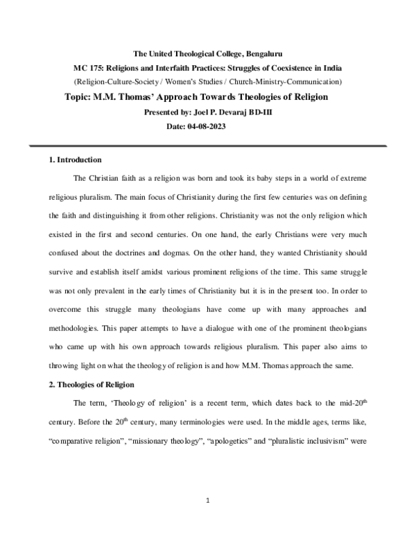 (PDF) Topic: M.M. Thomas' Approach Towards Theologies of Religion
