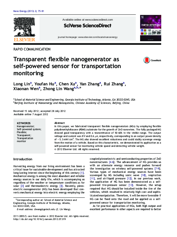 (PDF) Transparent flexible nanogenerator as self-powered sensor for transportation monitoring ...