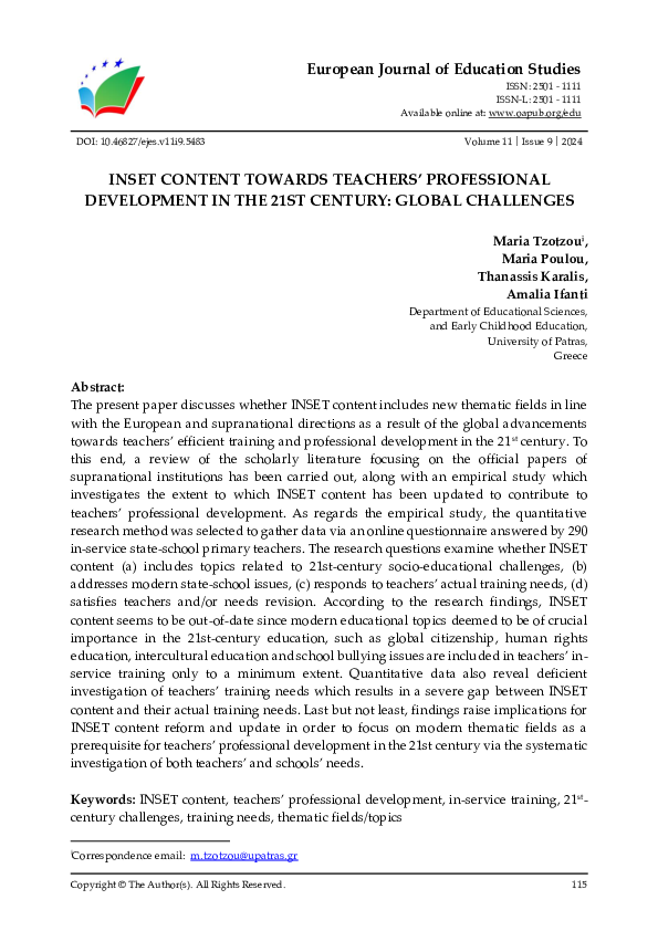 Pdf Inset Content Towards Teachers Professional Development In The